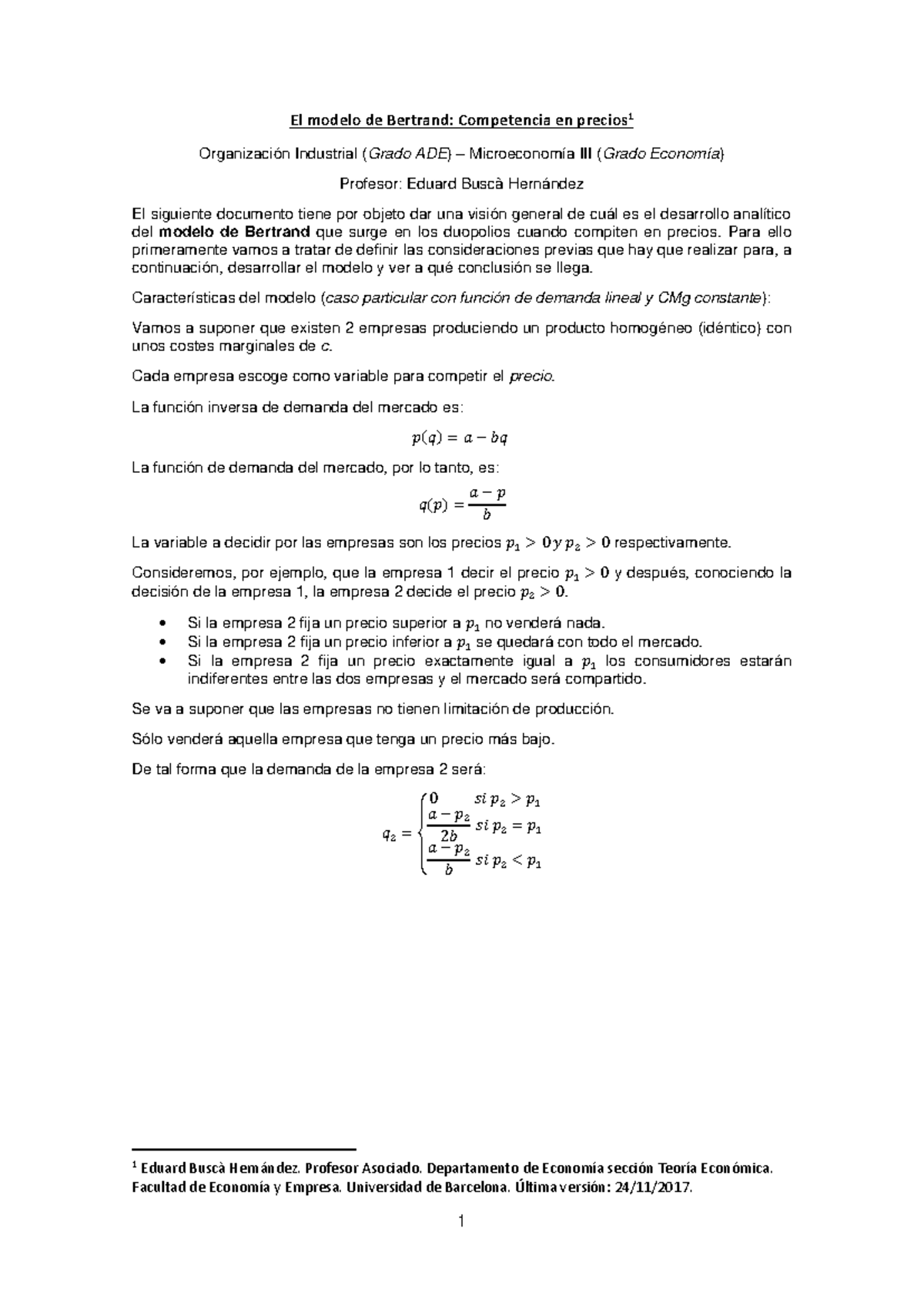 Tema 4: Modelo de Bertrand en Competencia de Precios (Teoría) - Studocu
