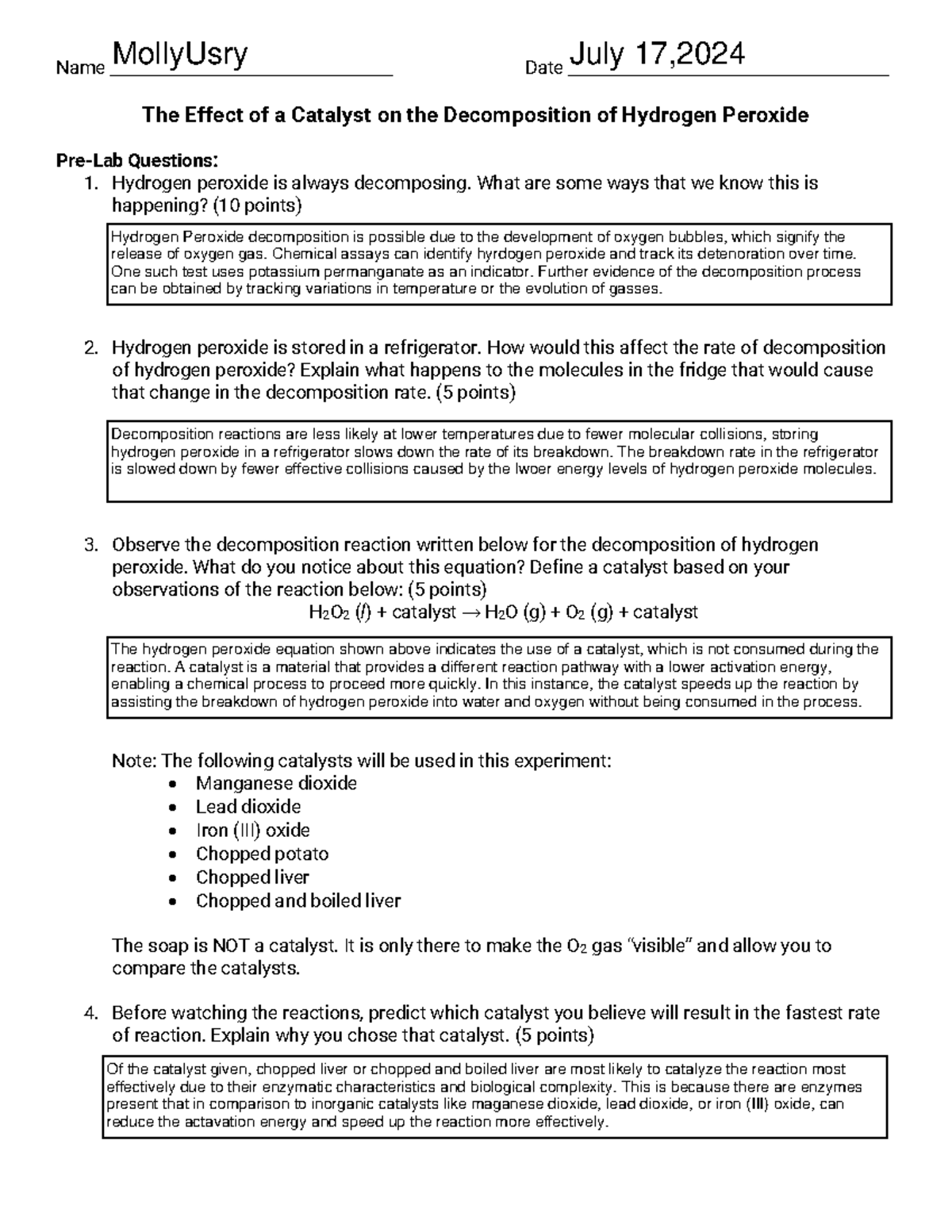 The Effect of Catalyst on H2O2 Decomposition: Lab Report v2 - Studocu