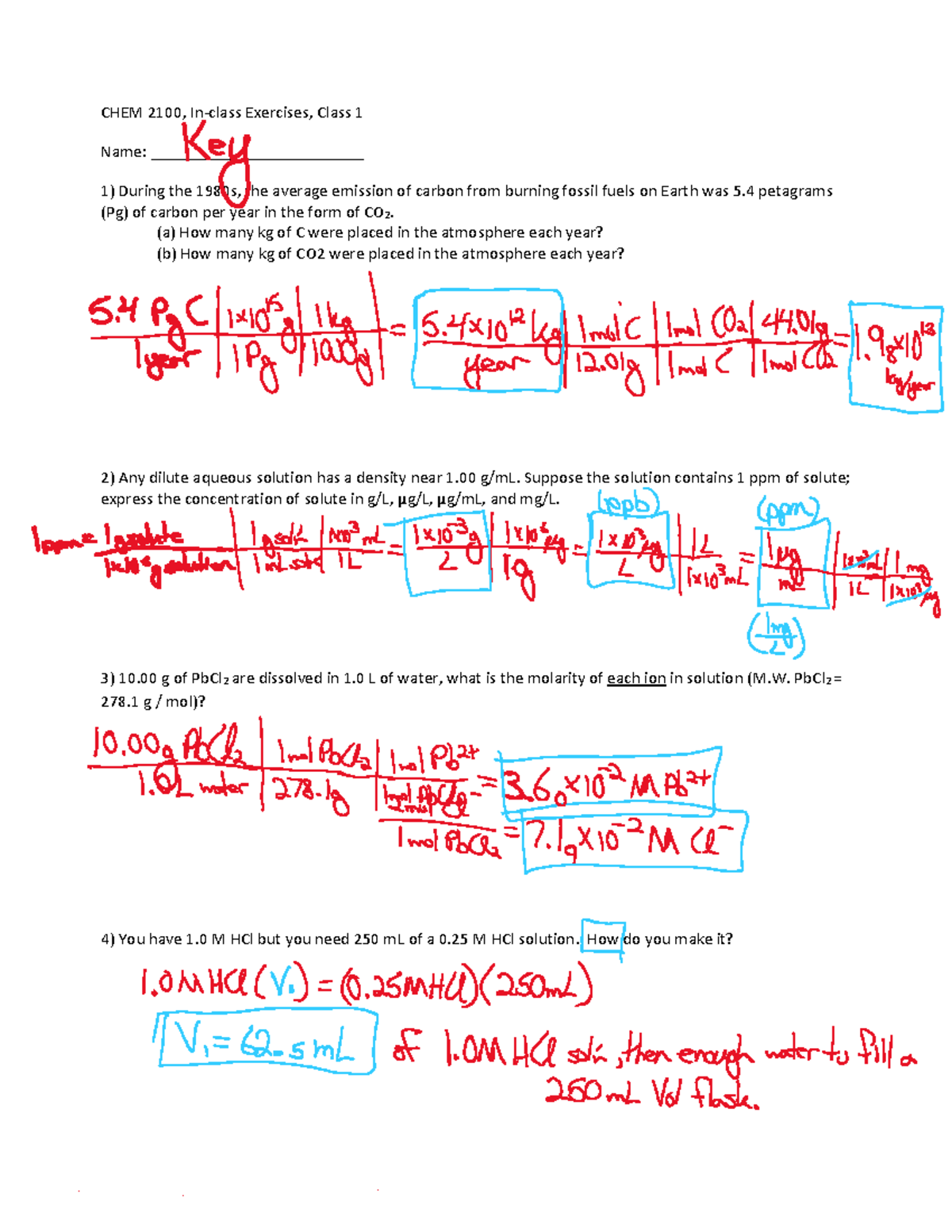 CHEM 2100 In-Class Exercises Key for Chapter 1 Units - Studocu