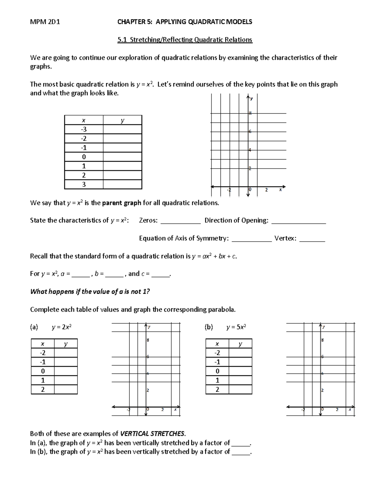 MPM 2D1 CHAPTER 5: EXPLORING QUADRATIC MODELS AND TRANSFORMATIONS - Studocu
