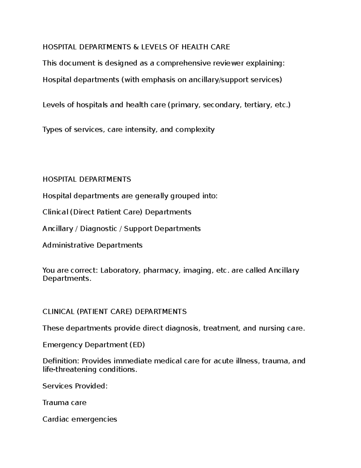 HOSP 101: Overview of Hospital Departments & Levels of Health Care ...