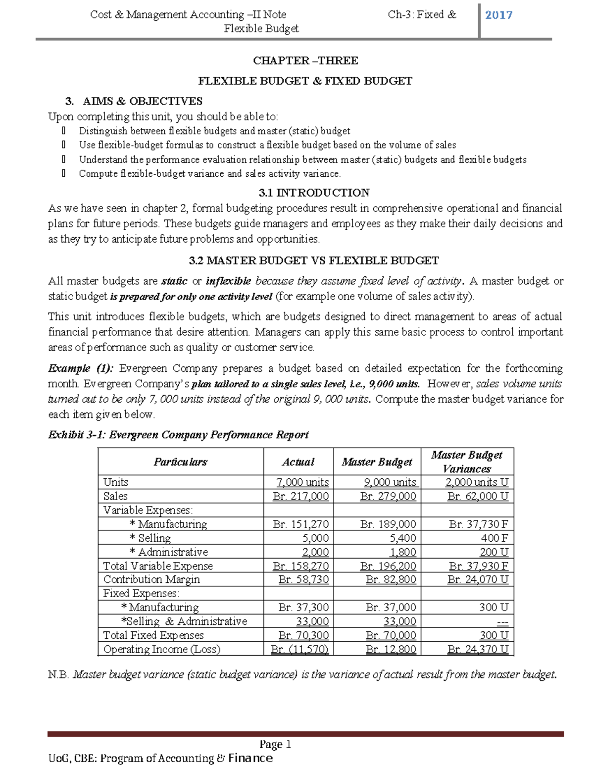 Cost Management Accounting Note: Flexible vs. Fixed Budget 2017 CH-3 ...