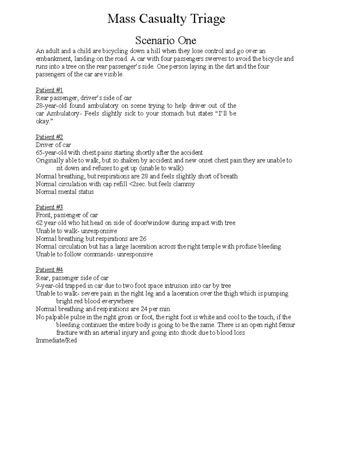 MCI Drill Patient Scenarios - Student Version for Triage Training - Studocu