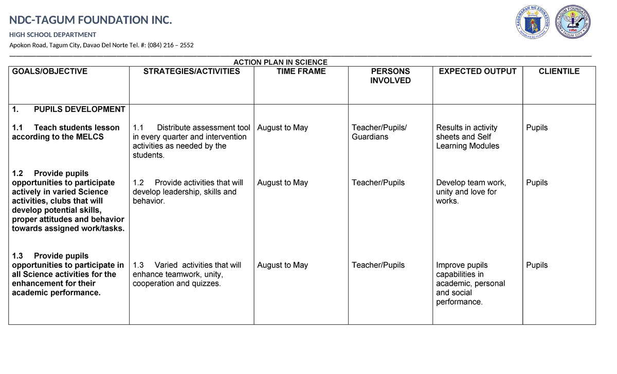 Action PLAN IN Science Final - NDC-TAGUM FOUNDATION INC. HIGH SCHOOL ...