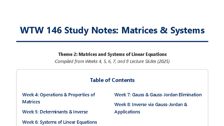 WTW 146 Study Notes: Matrices & Linear Systems Overview - Studocu
