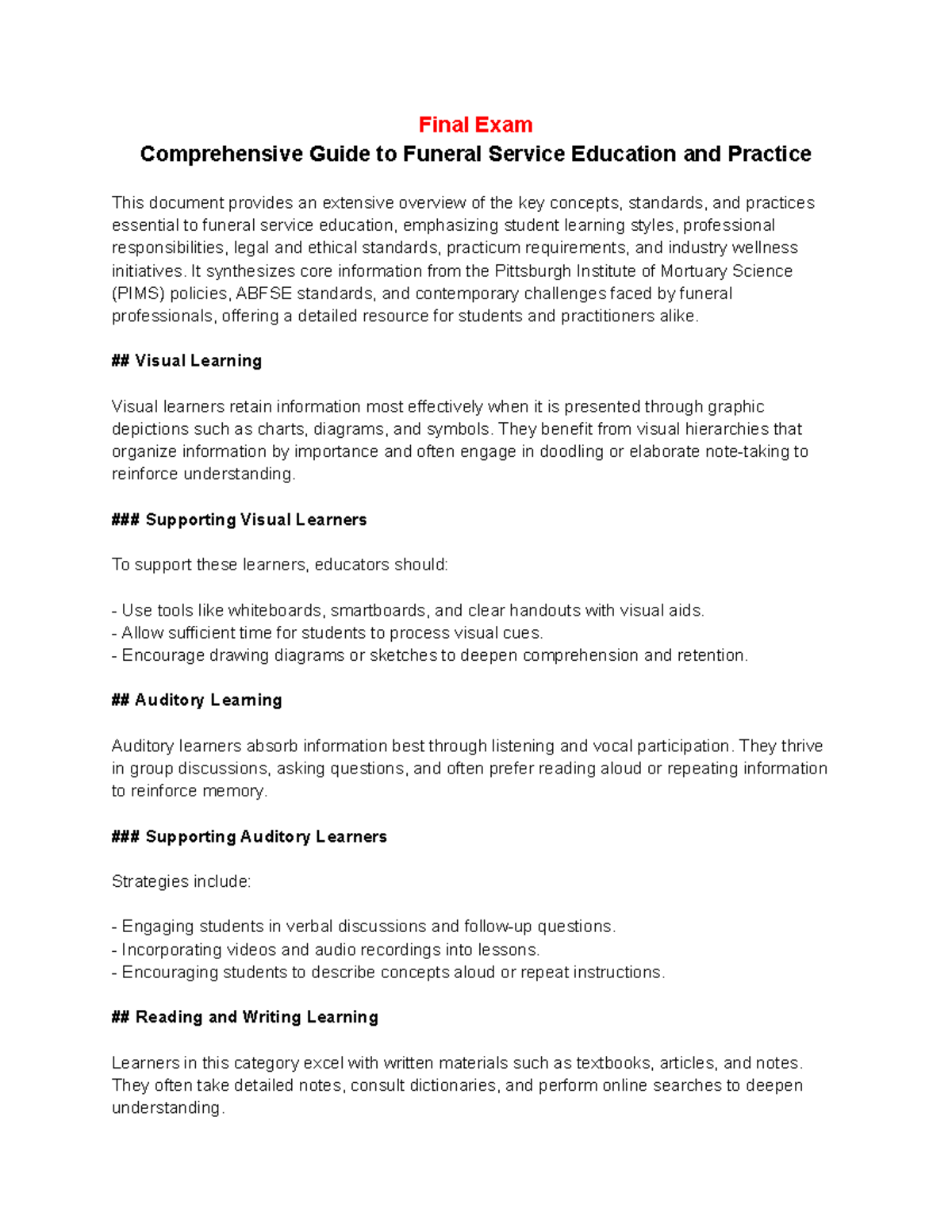 Final Exam: Comprehensive Guide to Funeral Service Education (FS 101 ...