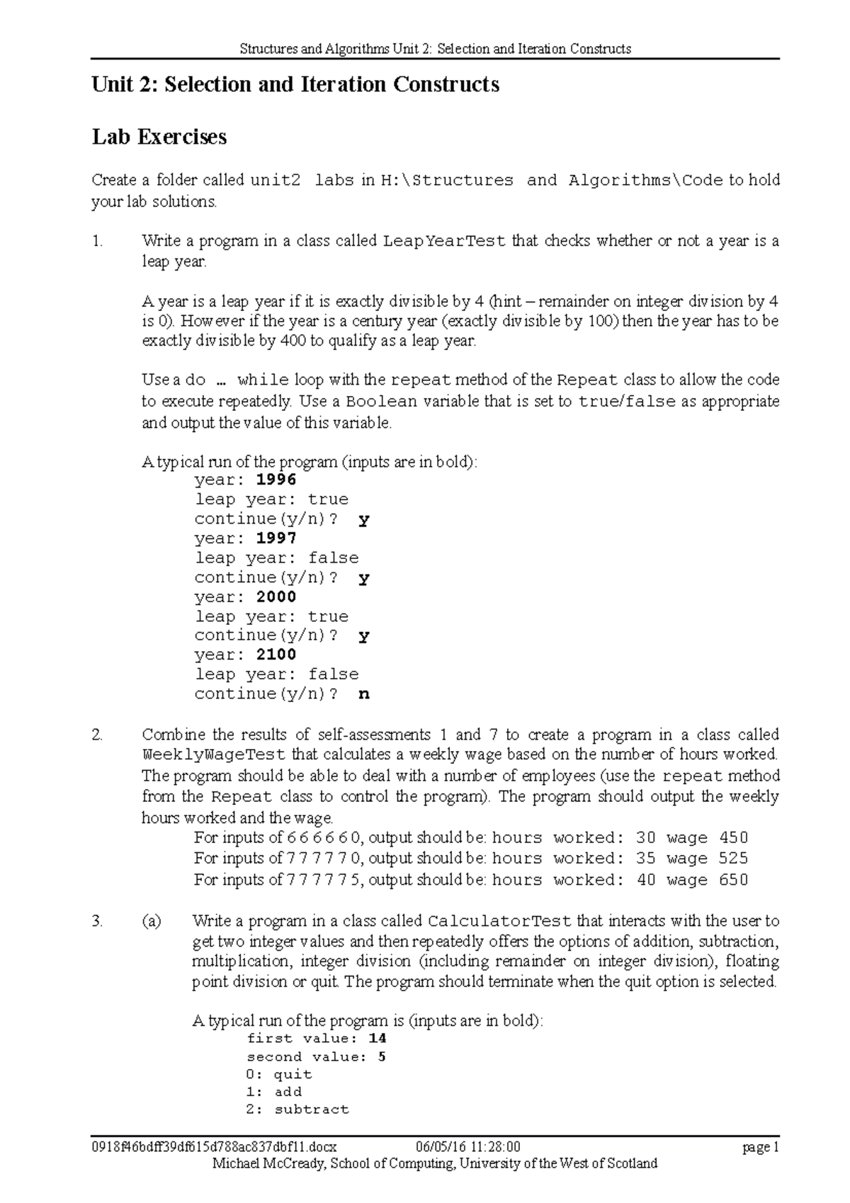 Unit2 lab exercises - Structures and Algorithms Unit 2: Selection and ...