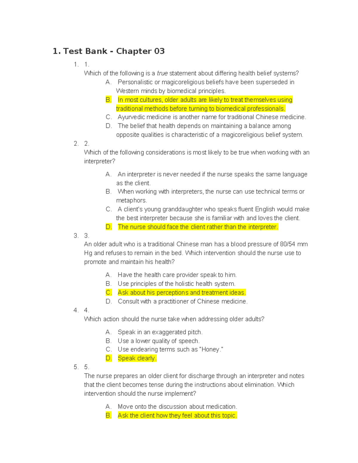 NUR 257 Unit 1 Chapter 3 Test Questions on Health Belief Systems - Studocu