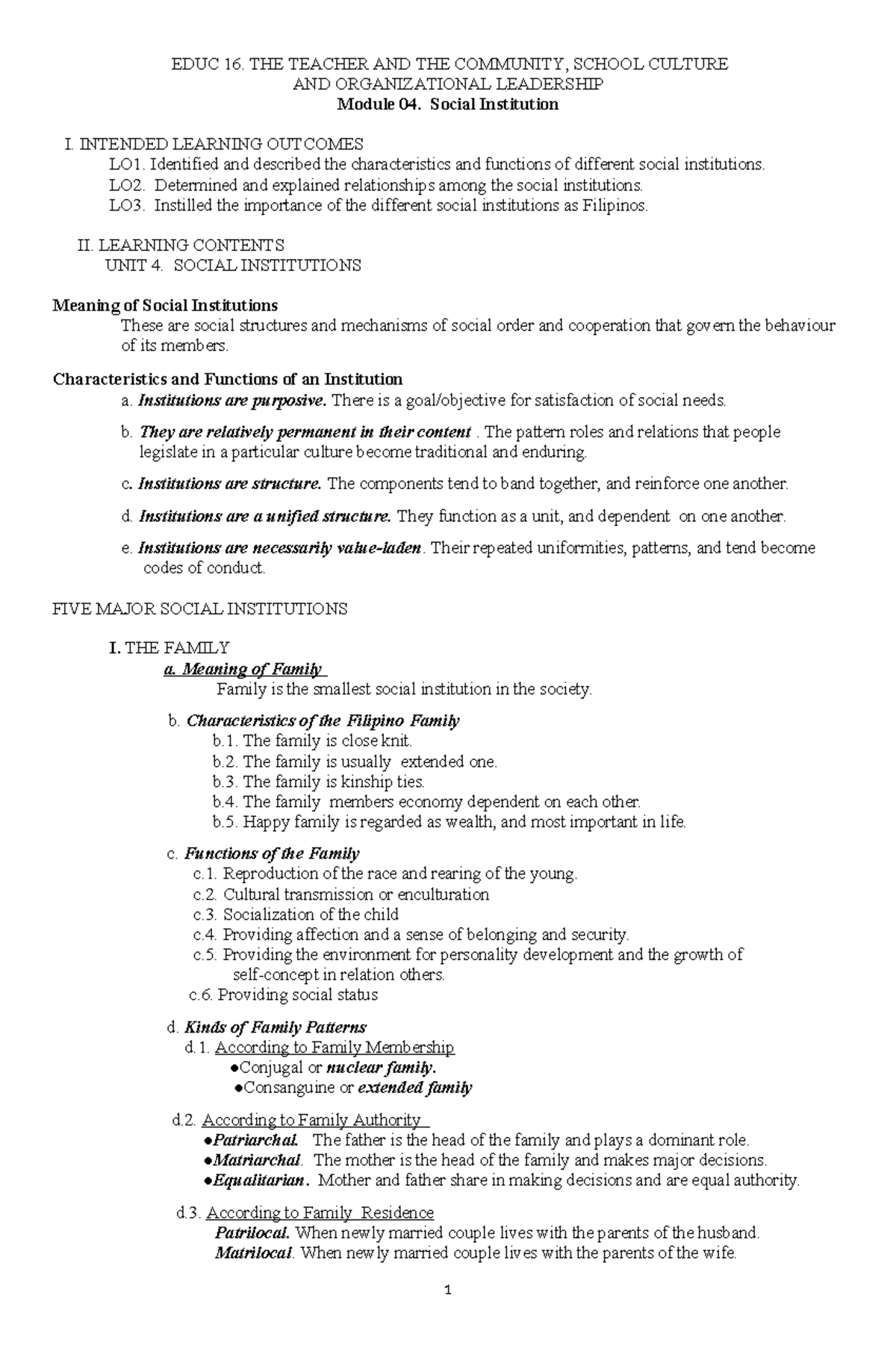 Module 04: Social Institutions in EDUC 16 - Teacher & Community ...