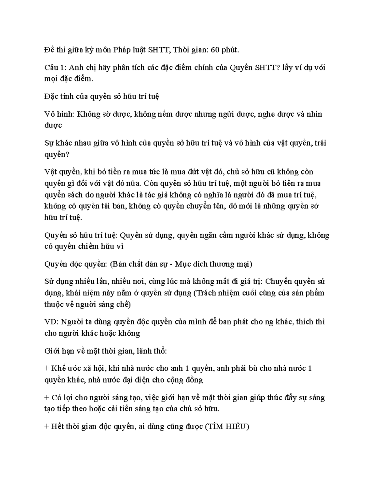 Đề thi giữa kỳ môn Pháp luật SHTT - Đề thi giữa kỳ môn Pháp luật SHTT, Thời gian: 60 phút. Câu 1 ...