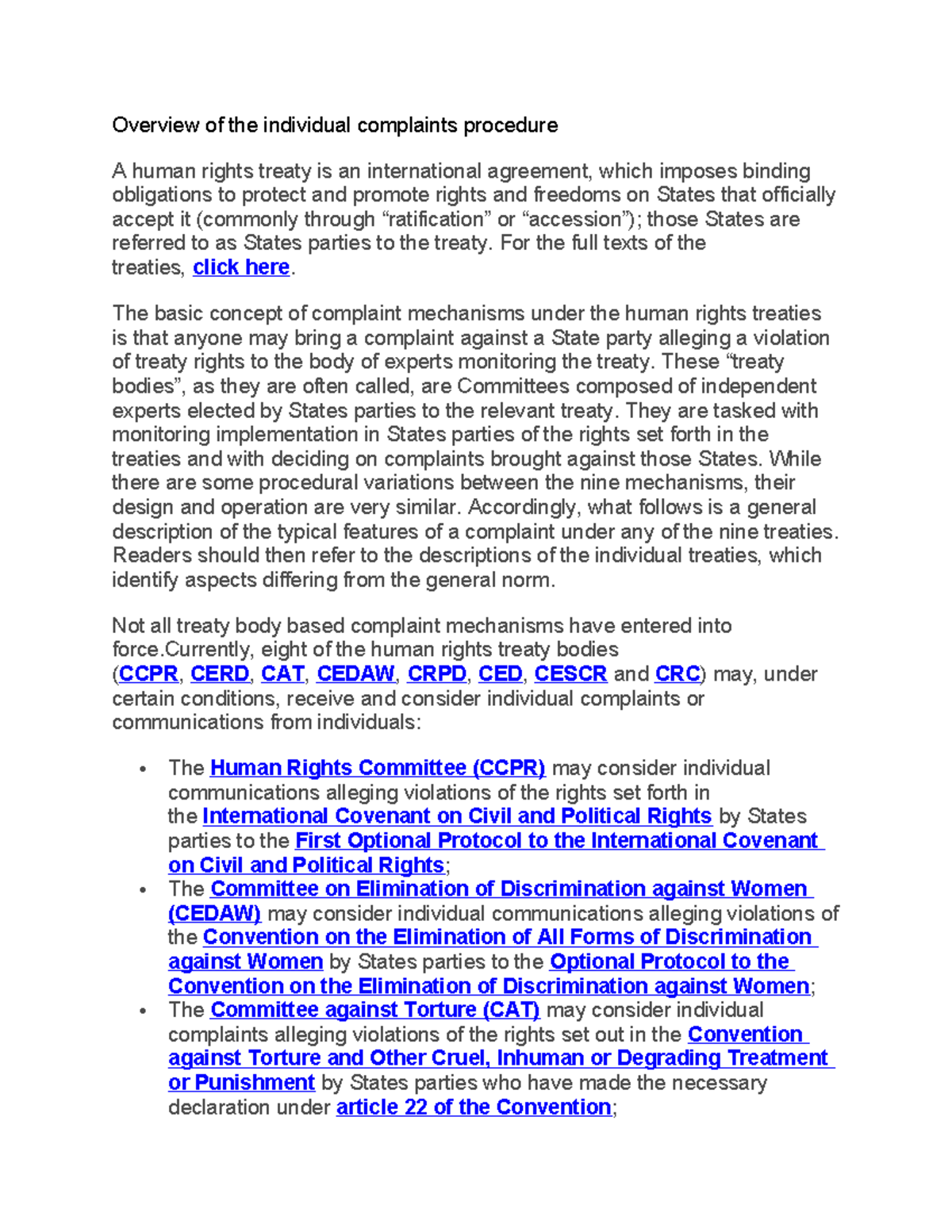 Overview of Individual Complaints Procedure in Human Rights Treaties ...