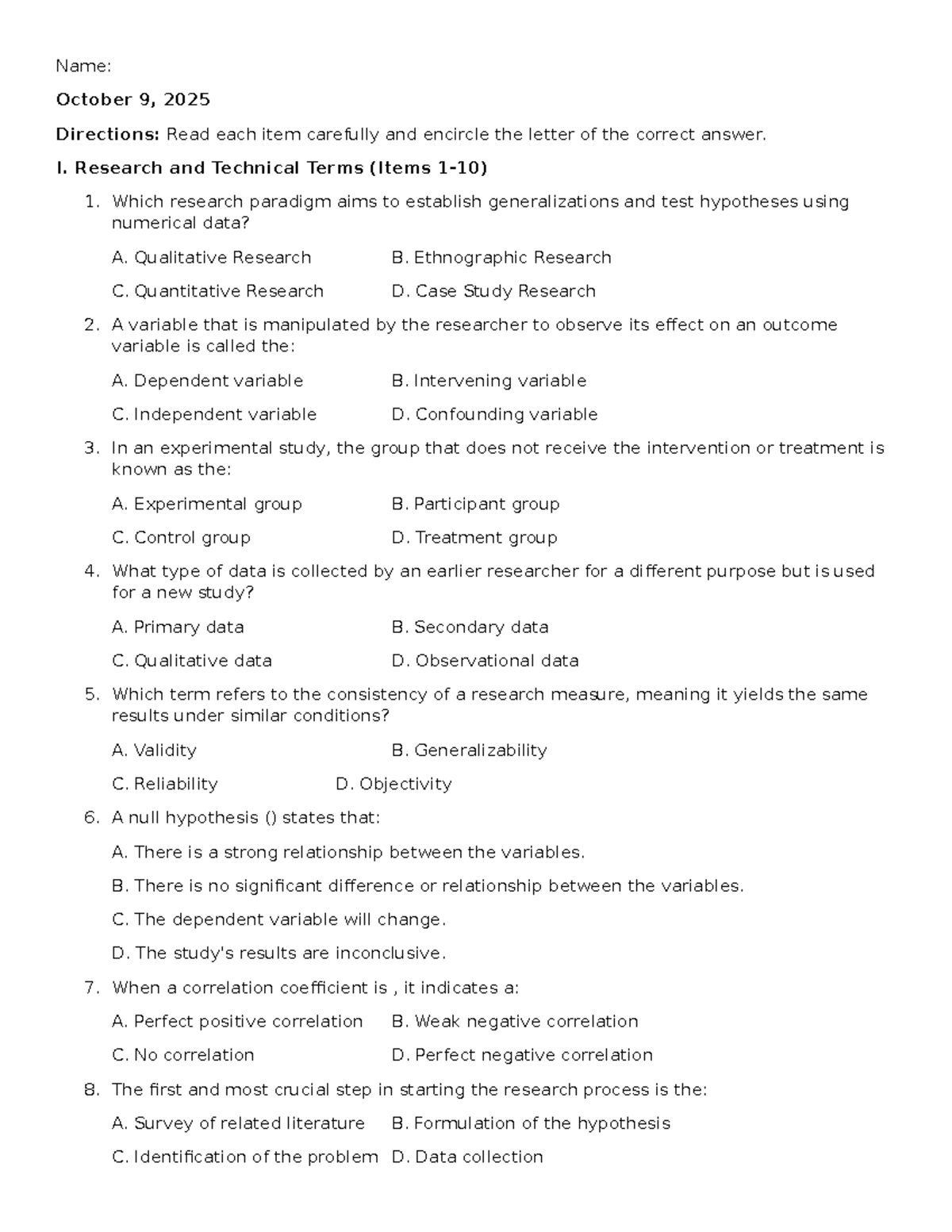 ENG 10 Reviewer: Research Methods and Definitions - October 9, 2025 ...
