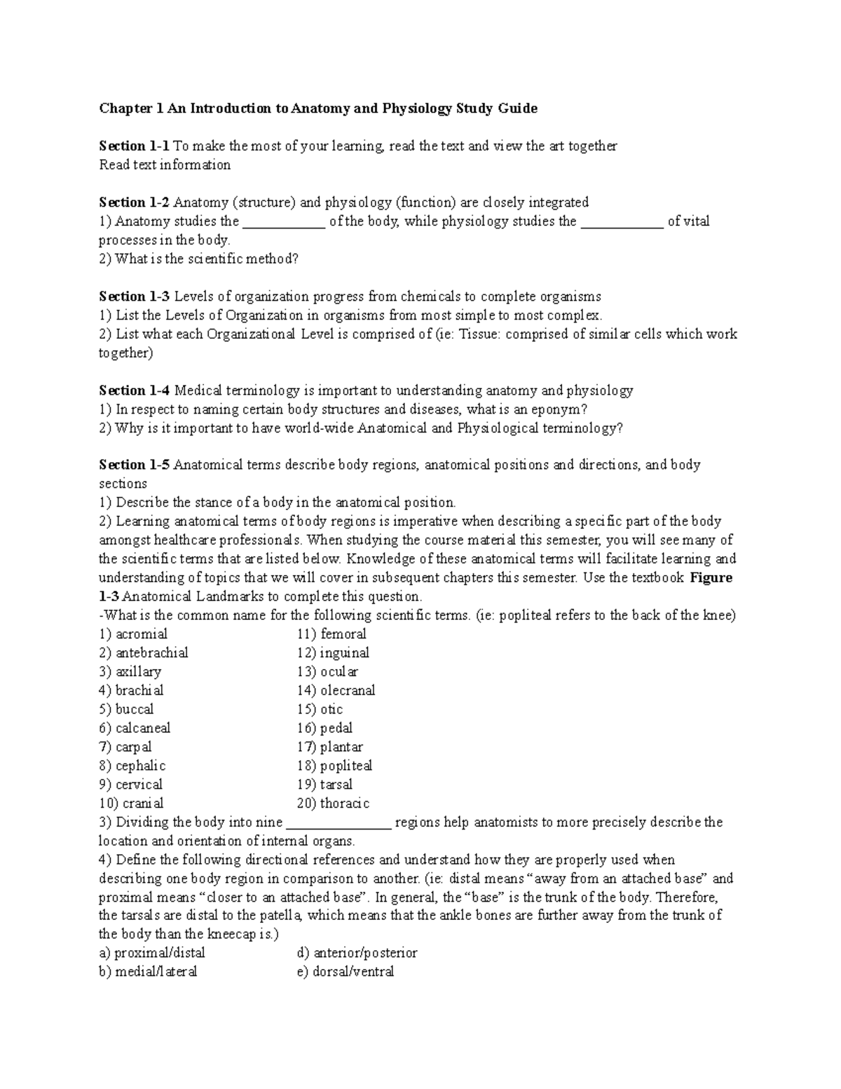 Chapter 1 Study Guide: Introduction to Anatomy & Physiology Concepts ...