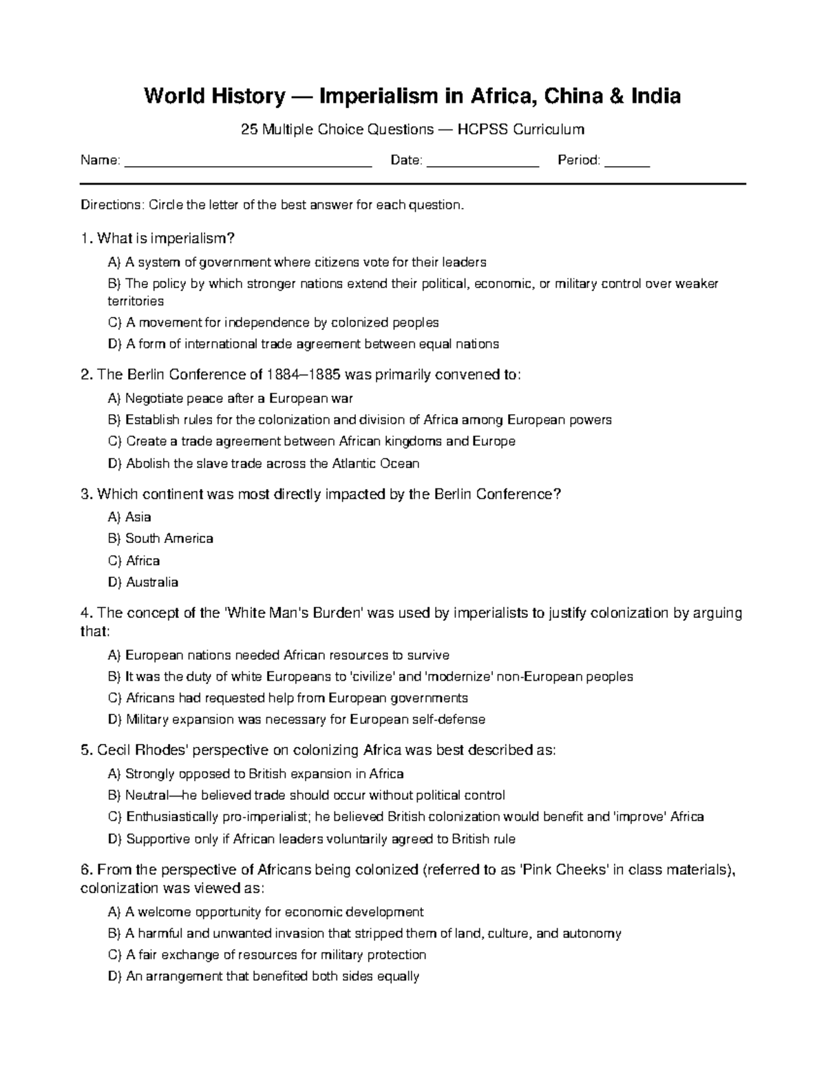Imperialism in Africa & Asia: 25 MCQs for HCPSS EEE - Studocu
