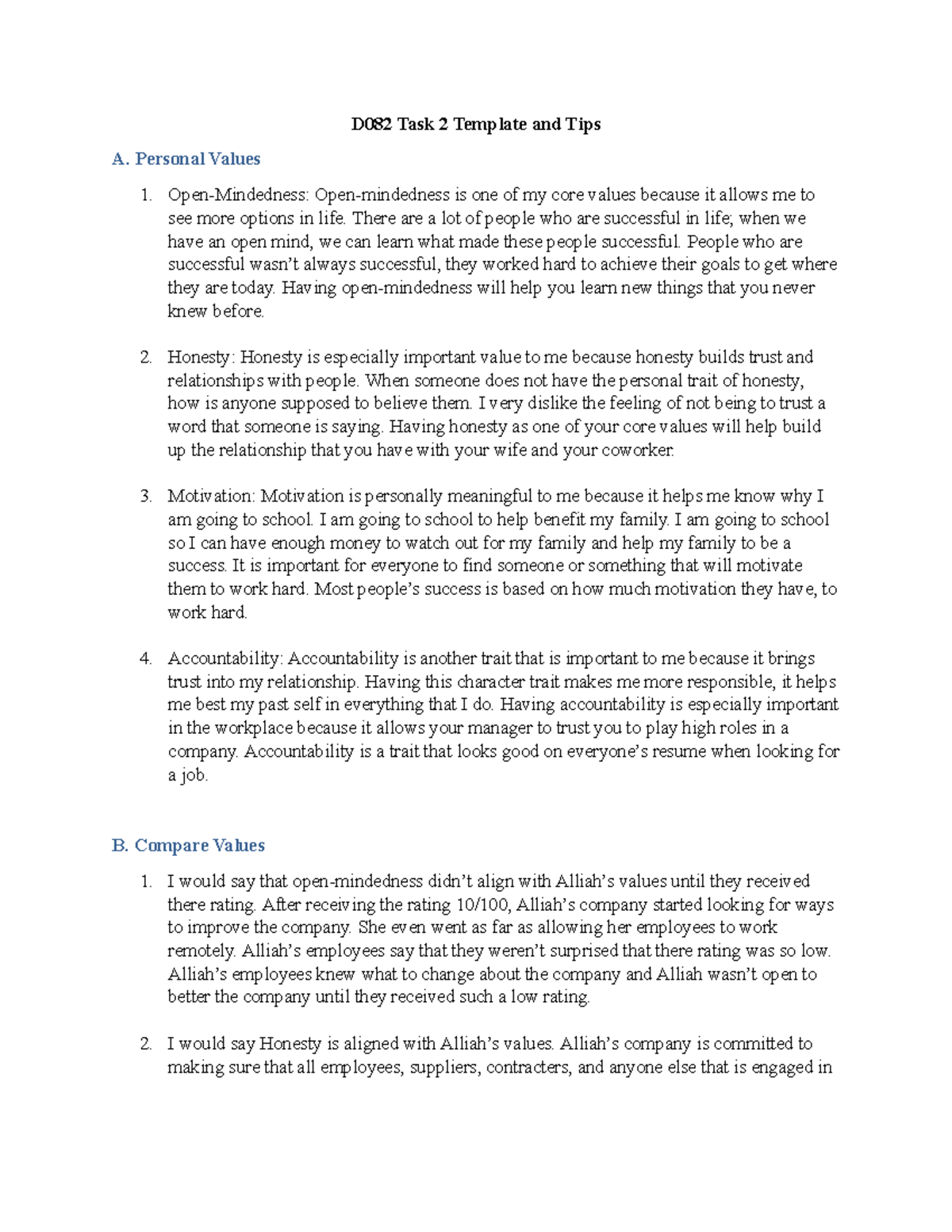 D082 Task 2 Template and Tips 0522 - D082 Task 2 Template and Tips A. Personal Values - Studocu