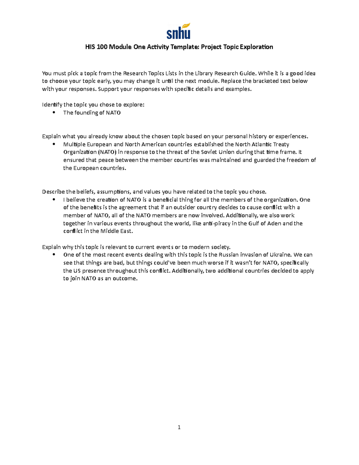 HIS 100 Module One Activity: NATO Project Topic Exploration - Studocu