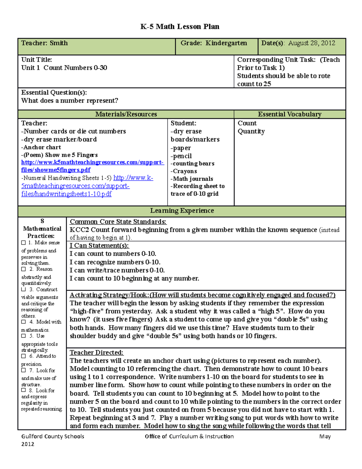 Unit Lesson Plan (Homework) part 2 of 3 - K-5 Math Lesson Plan Teacher ...