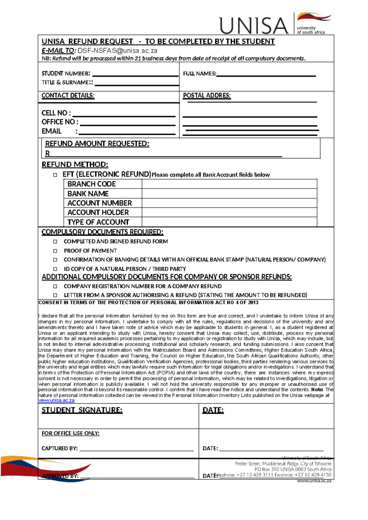 UNISA REFUND REQUEST FORM - UPDATED DOMESTIC VERSION - Studocu