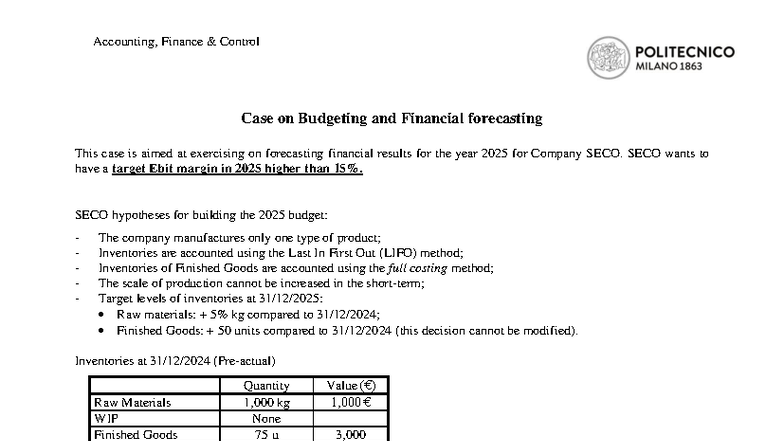 AFC25 Case Study: Budgeting & Financial Forecasting for SECO - Studocu