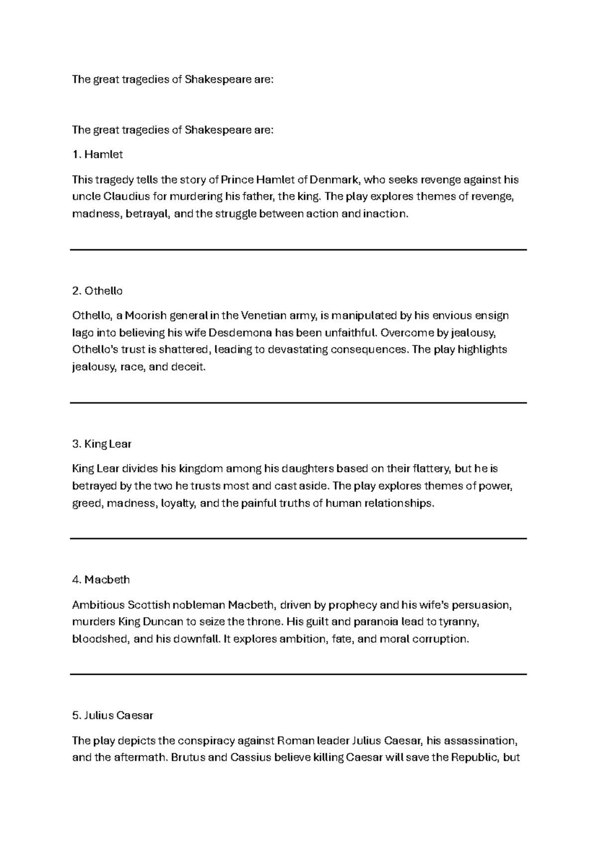 Shakespeare's Great Tragedies: Hamlet, Othello, Lear, Macbeth, Caesar ...