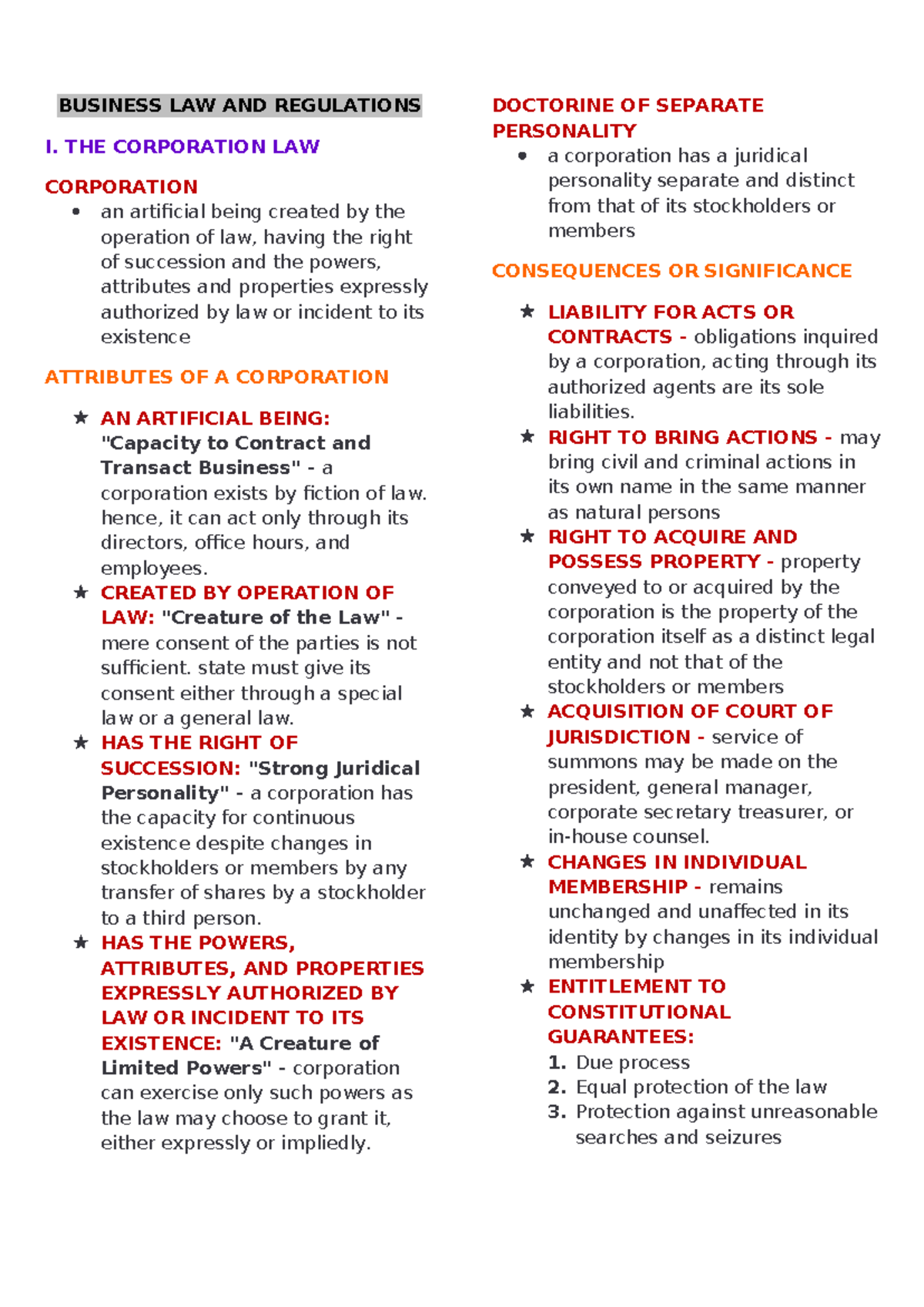 Business Laws & Regulations: Overview of Corporation Law Concepts - Studocu