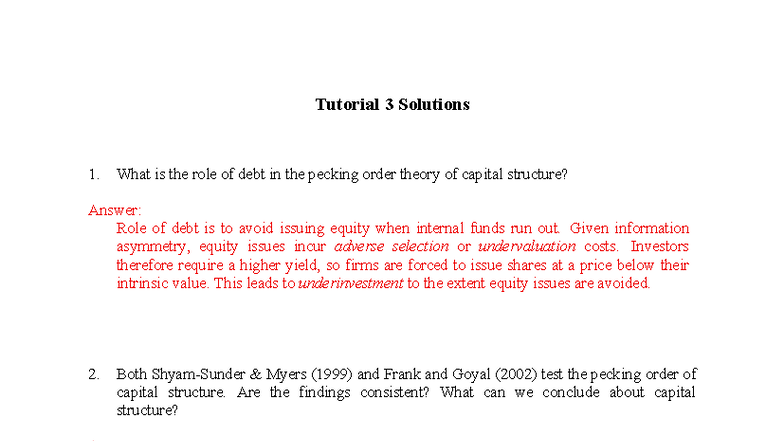 Tutorial 3 Solutions: Pecking Order Theory & Managerial Entrenchment ...