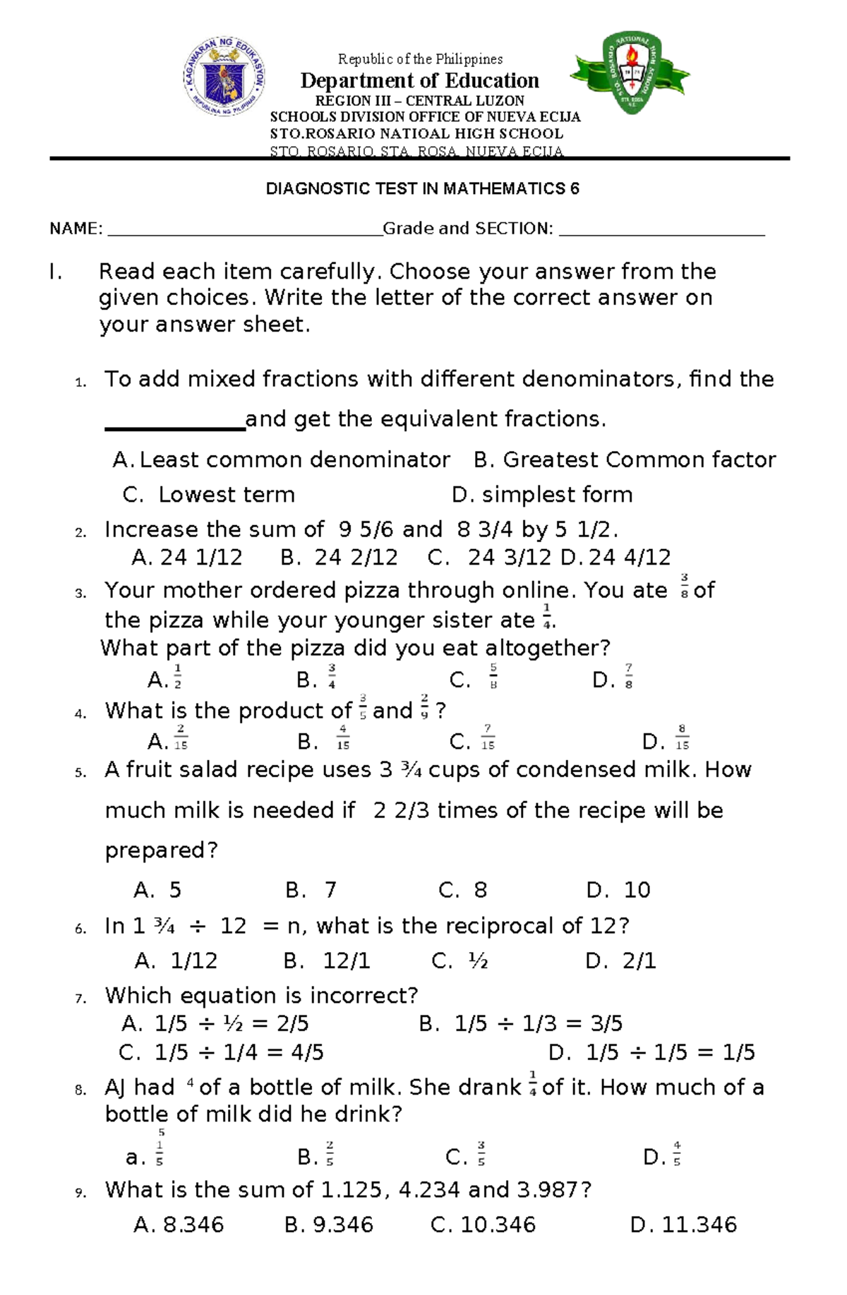 Diagnostic Test in Mathematics 6 (Math6) - Nueva Ecija - Studocu