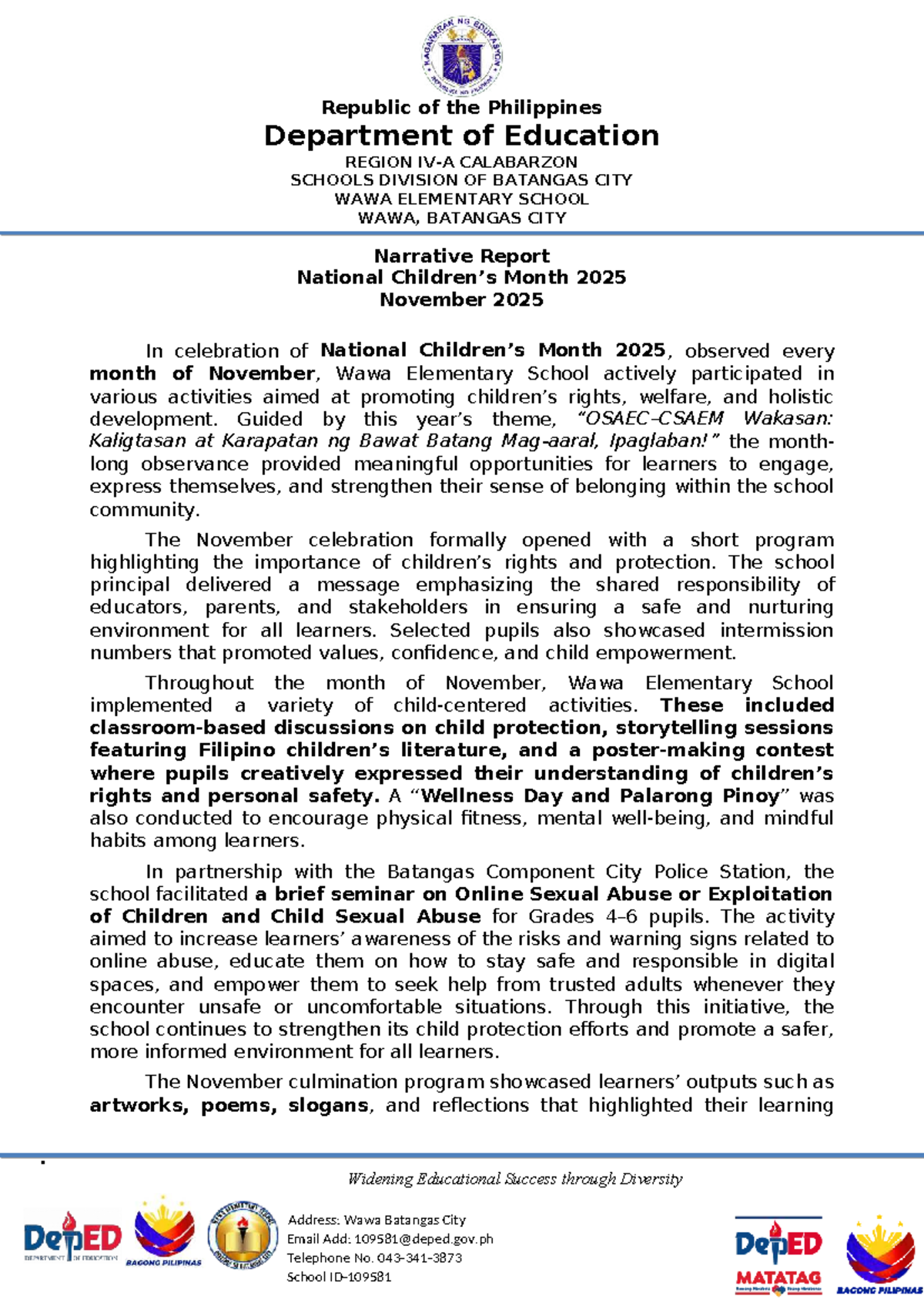 National Children's Month 2025 Narrative Report - Wawa Elementary ...