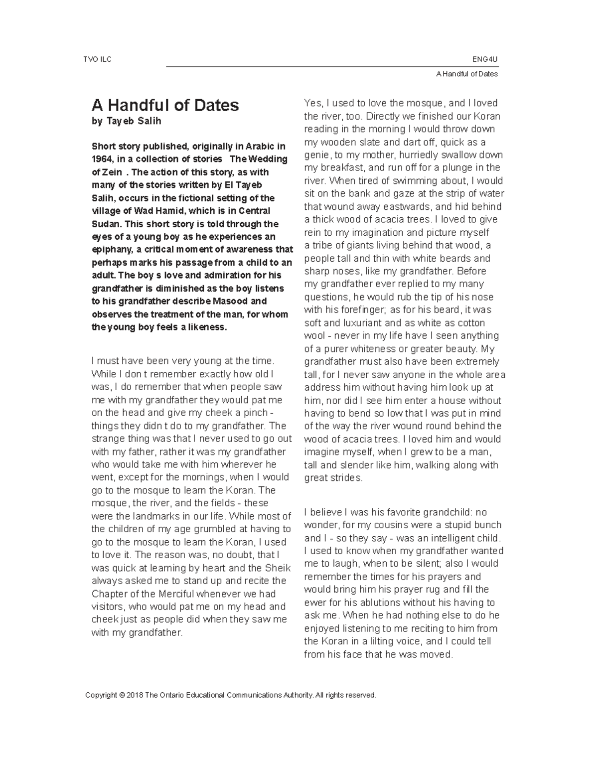 TVO ILC ENG4U Short Story Analysis: A Handful of Dates - Studocu