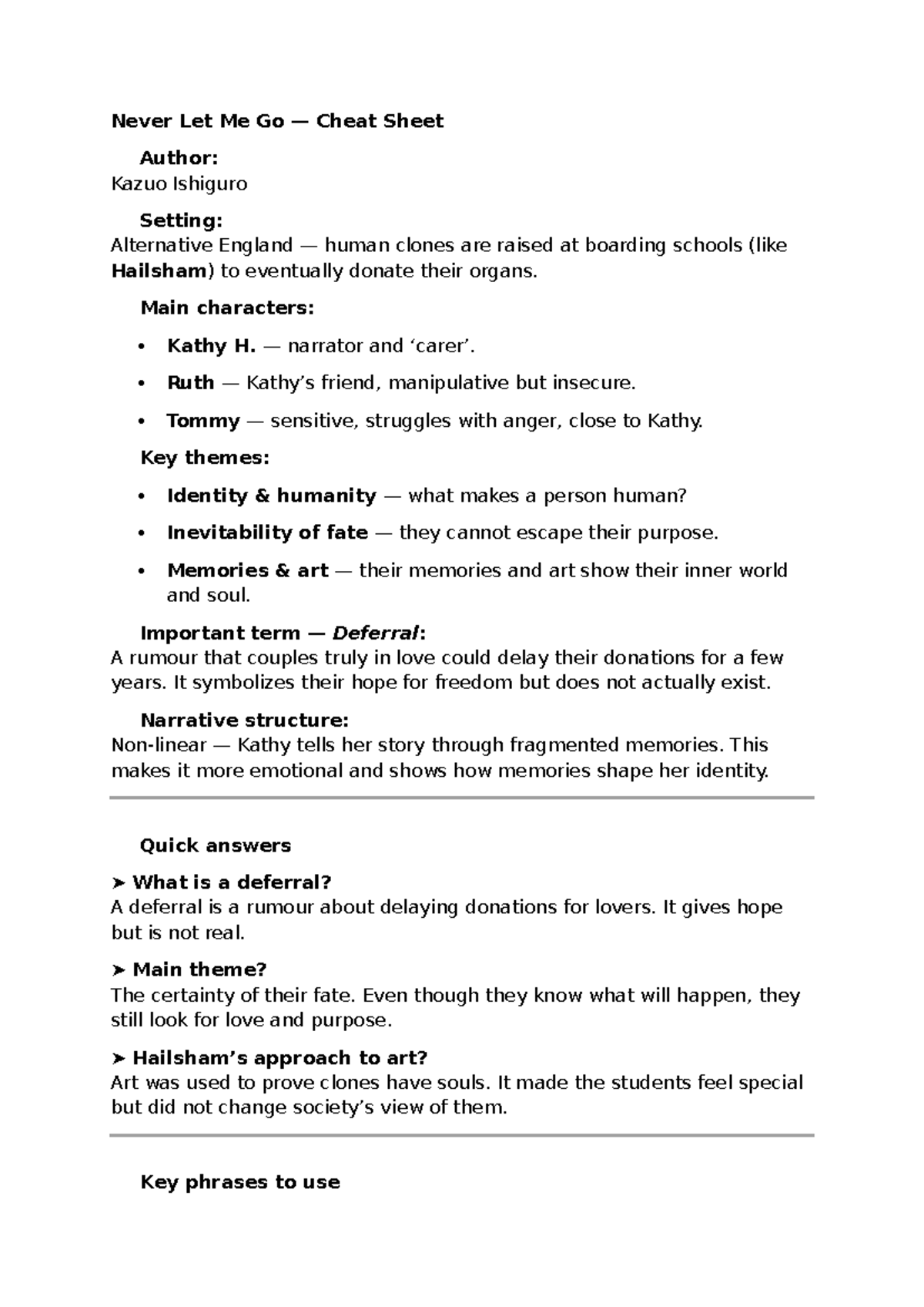 Examenhulp: Cheat Sheet voor 'Never Let Me Go' (Literatuur) - Studocu