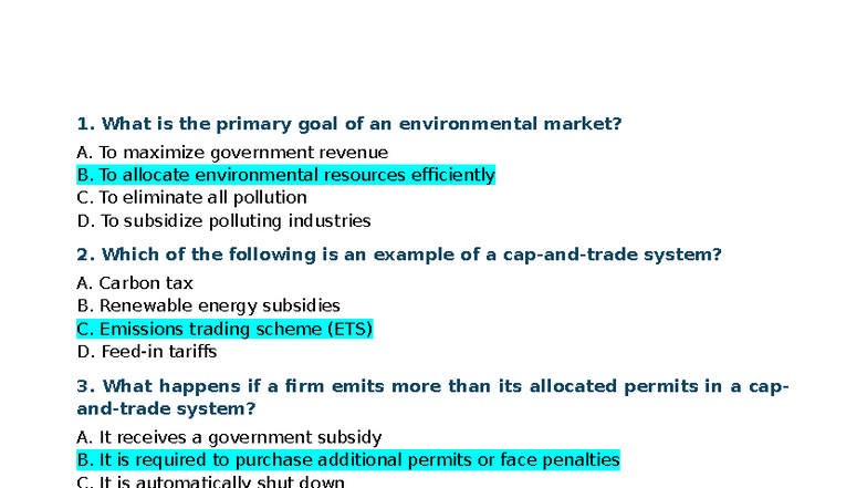 Week 10 Tutorial Questions on Environmental Markets and Regulation ...