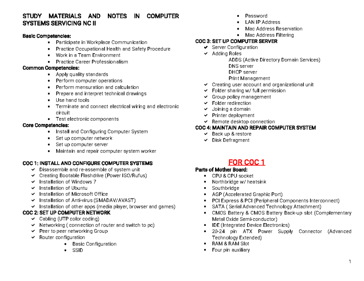 CSS NCII: Comprehensive Guide on Computer Systems Servicing - Studocu