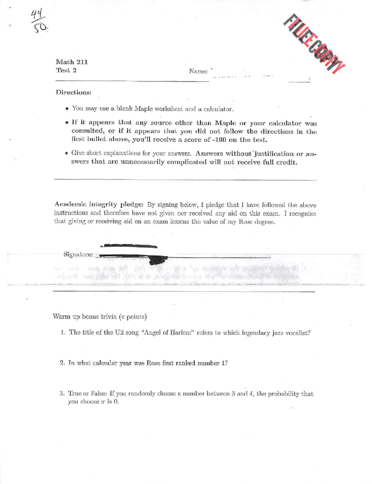 Math 211 Test 2 - Ssdasd - 44 Math 211 Test 2 Name: Directions: You may ...