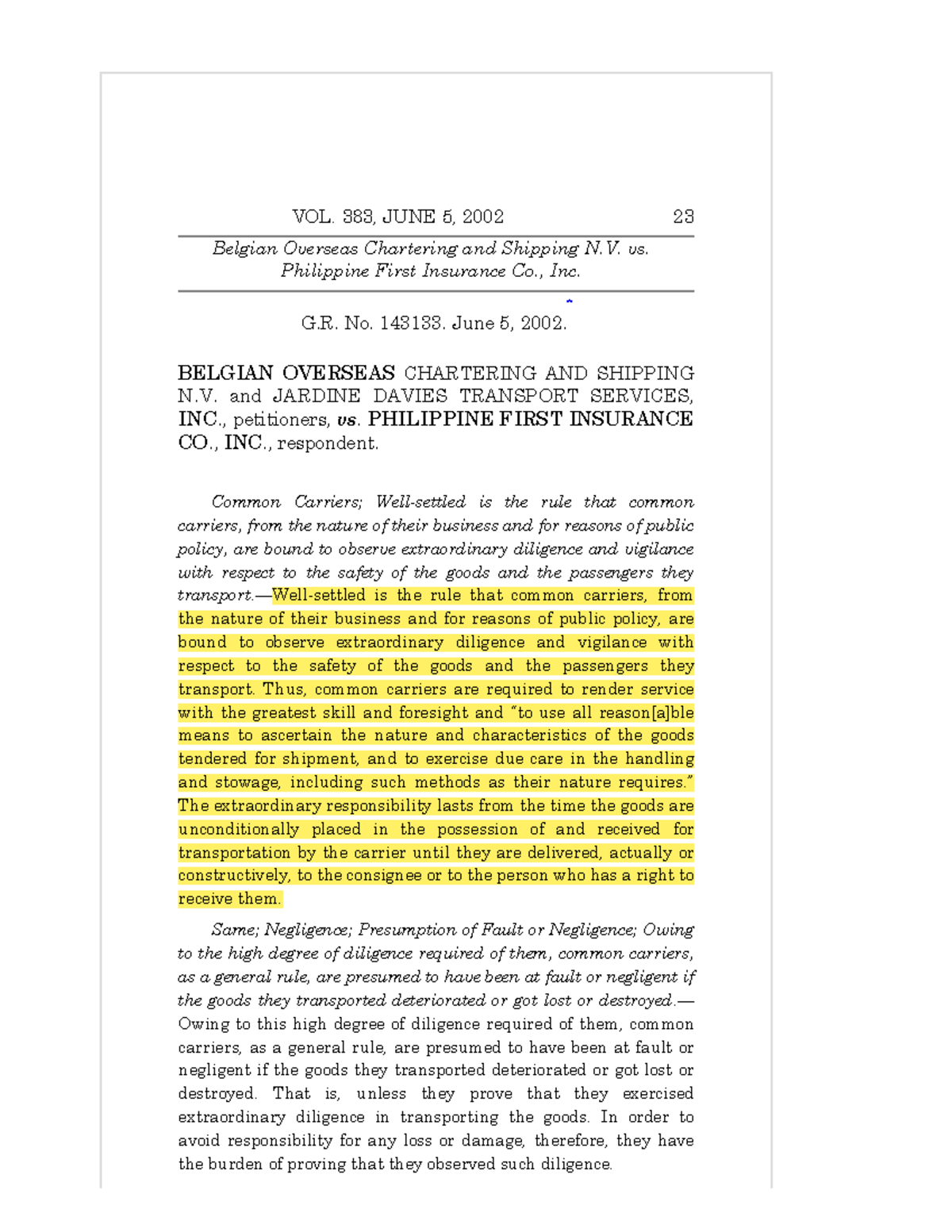 Belgian Overseas Chartering vs. Philippine First Insurance: Case ...