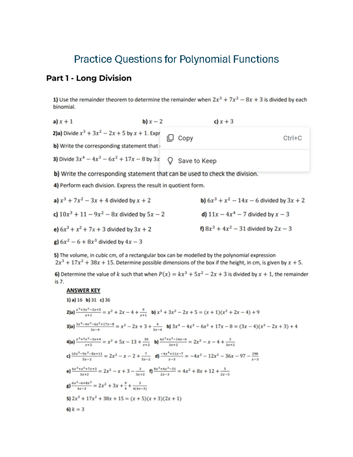 Polynomial Functions Practice Questions: Long Division & Remainder ...