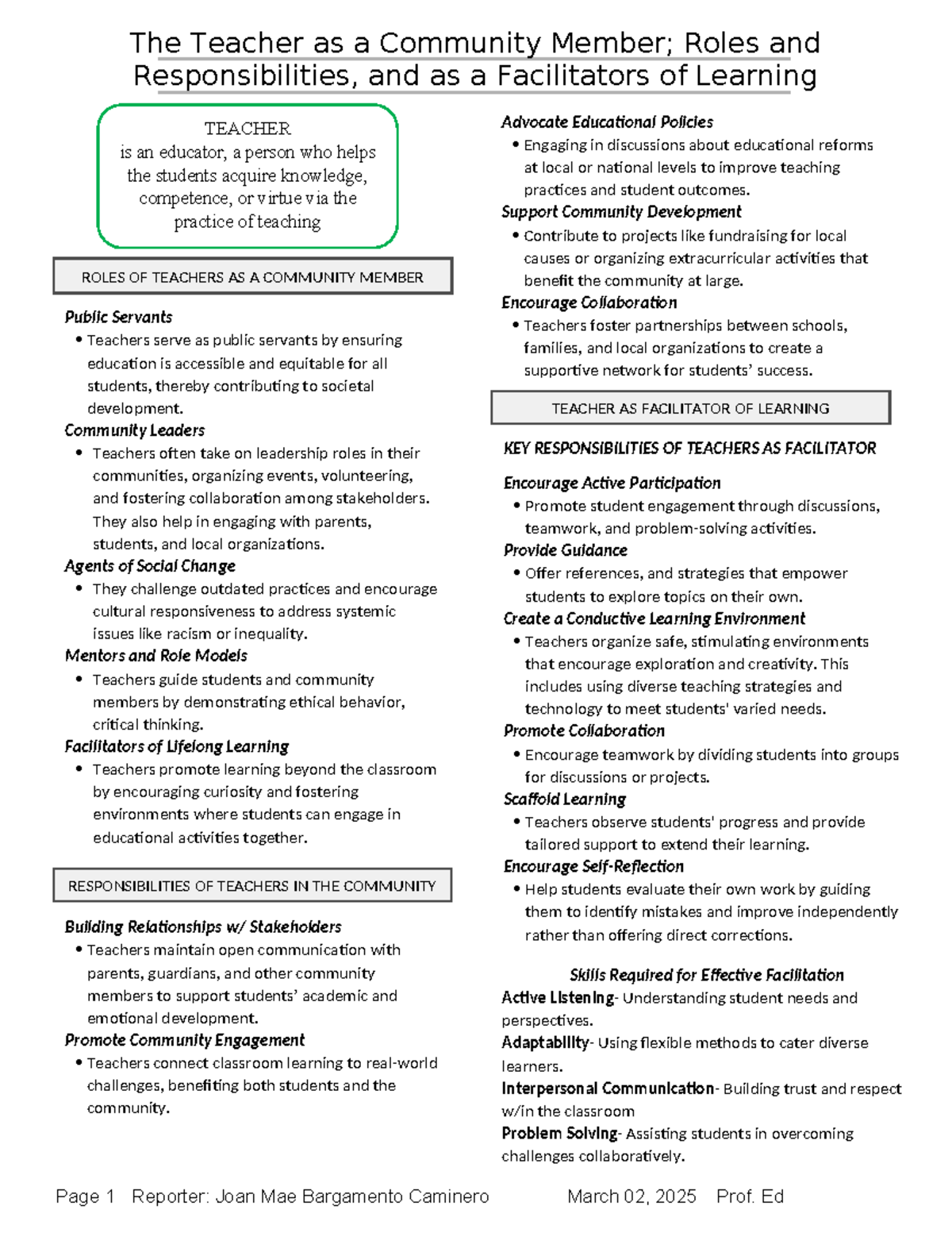 Handout Teacher as member of community - The Teacher as a Community ...