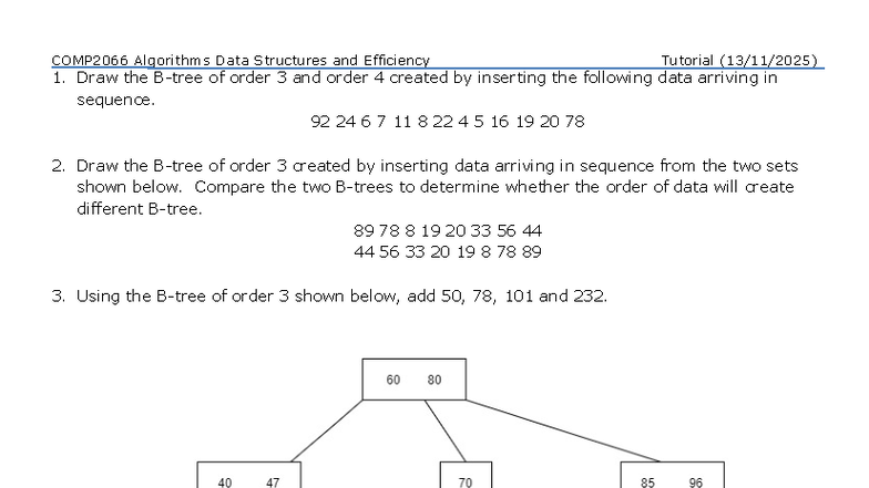 COMP2066 Tutorial 6 - B-Tree Notes and Exercises - Studocu