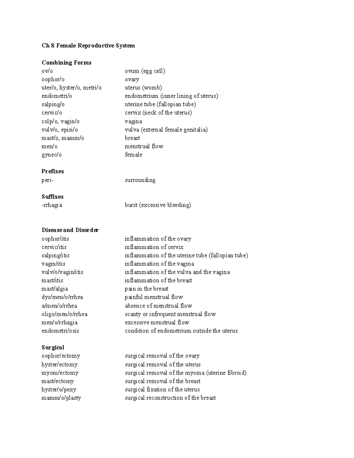 Ch 08 Female Reproductive System Word Parts and Terminology - Studocu