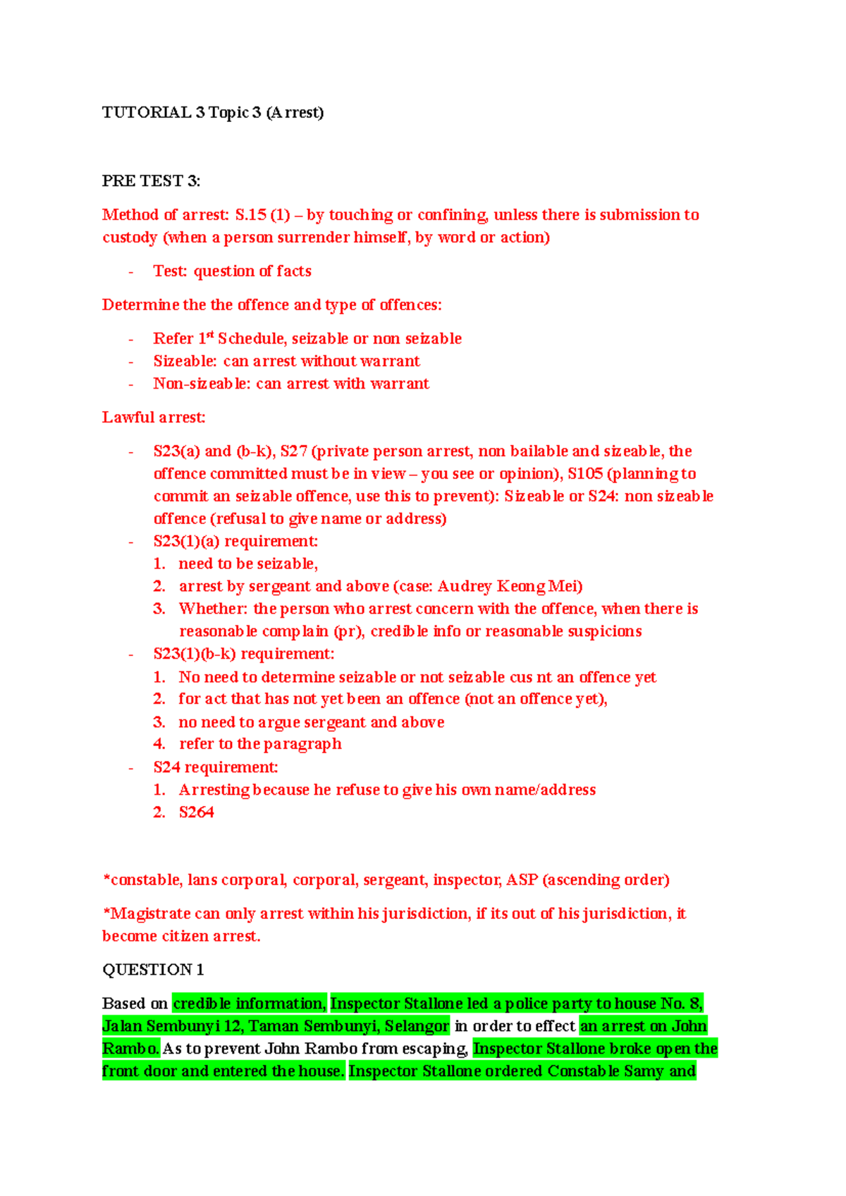 Criminal Procedure TUTORIAL 3: Methods of Arrest and Case Analysis ...