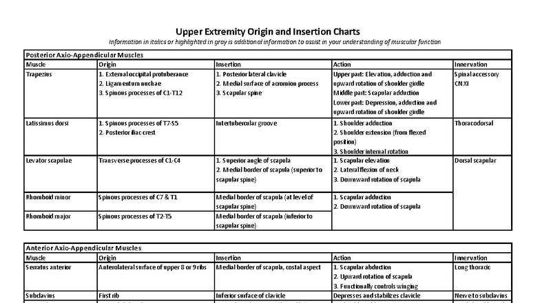 Upper Extremity O&I Charts: Muscles and Functions Overview - Studocu
