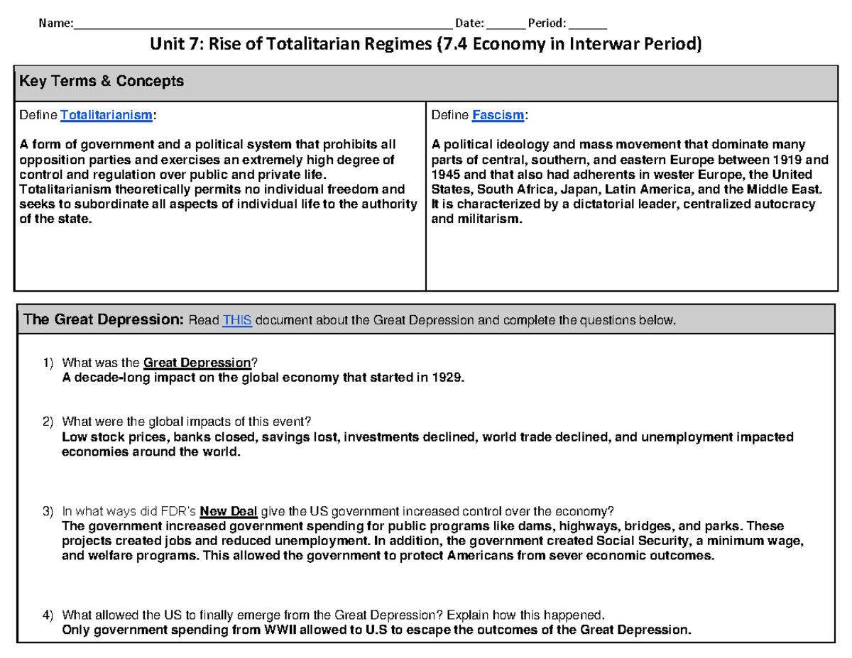 Rise of Totalitarian Regimes Student Handout - - Studocu
