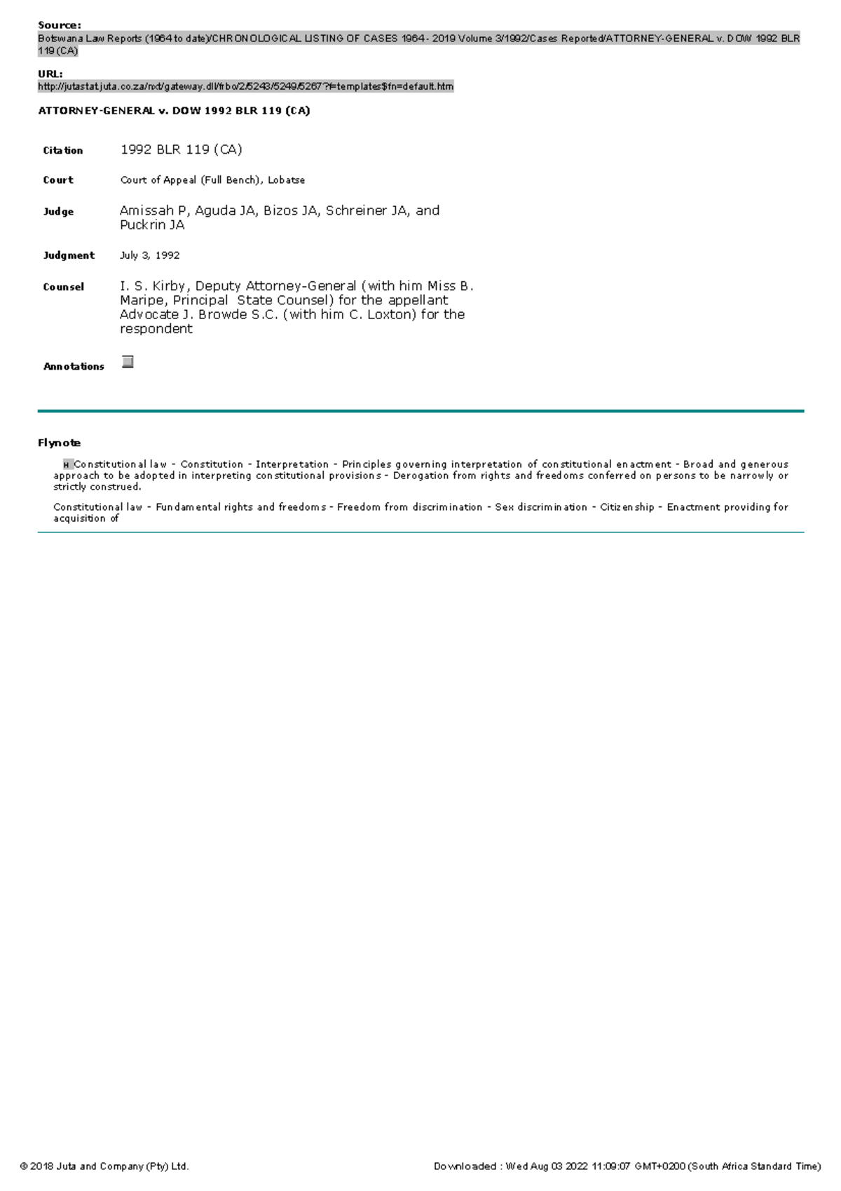 Attorney-General v. Dow: A Case Law Analysis (1992 BLR 119) - Studocu