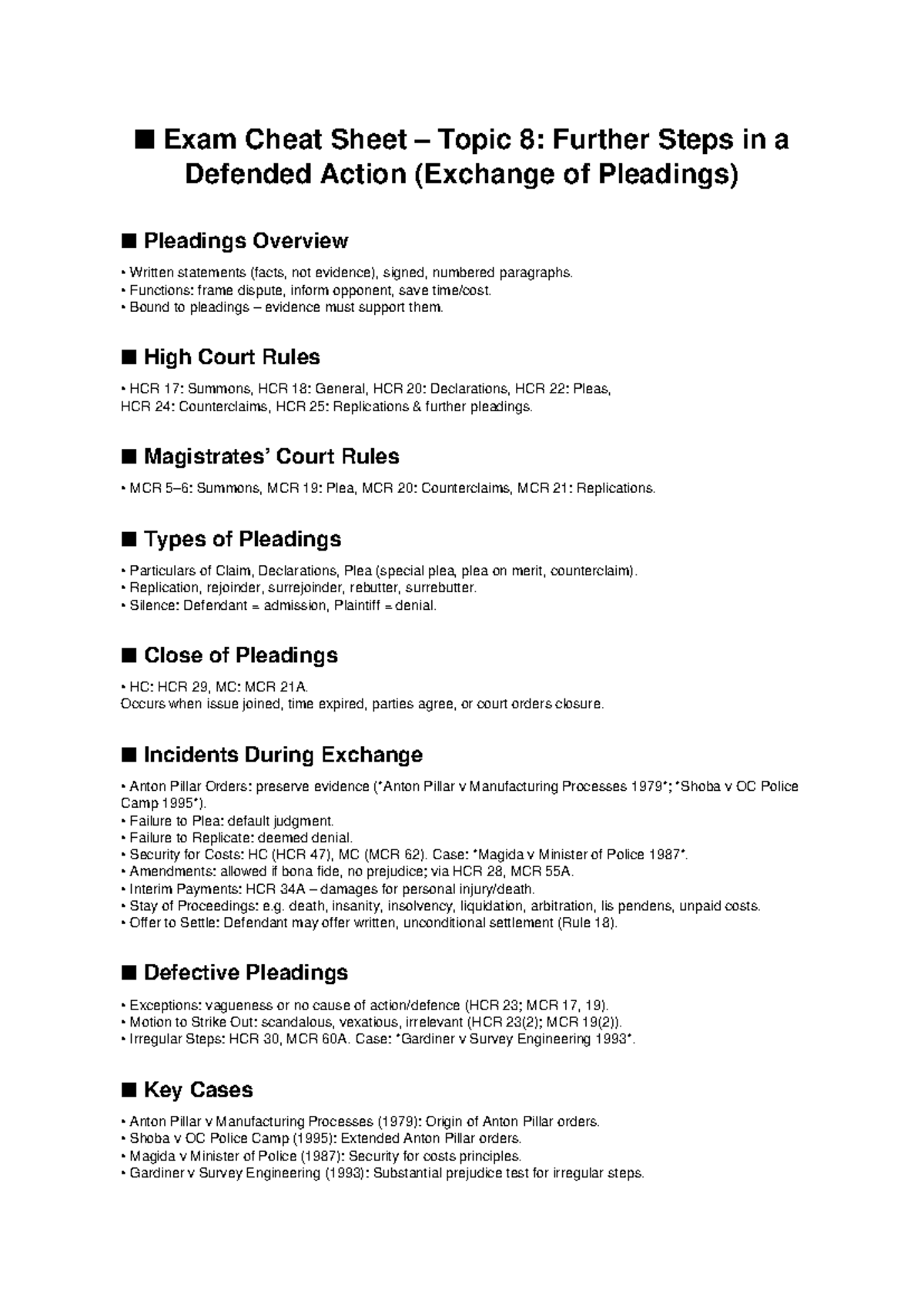 CIV302 Exam Cheat Sheet: Topic 8 - Further Steps in Defended Actions ...