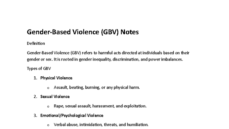 GBV Overview: Definitions, Types, Causes, and Impacts - Studocu