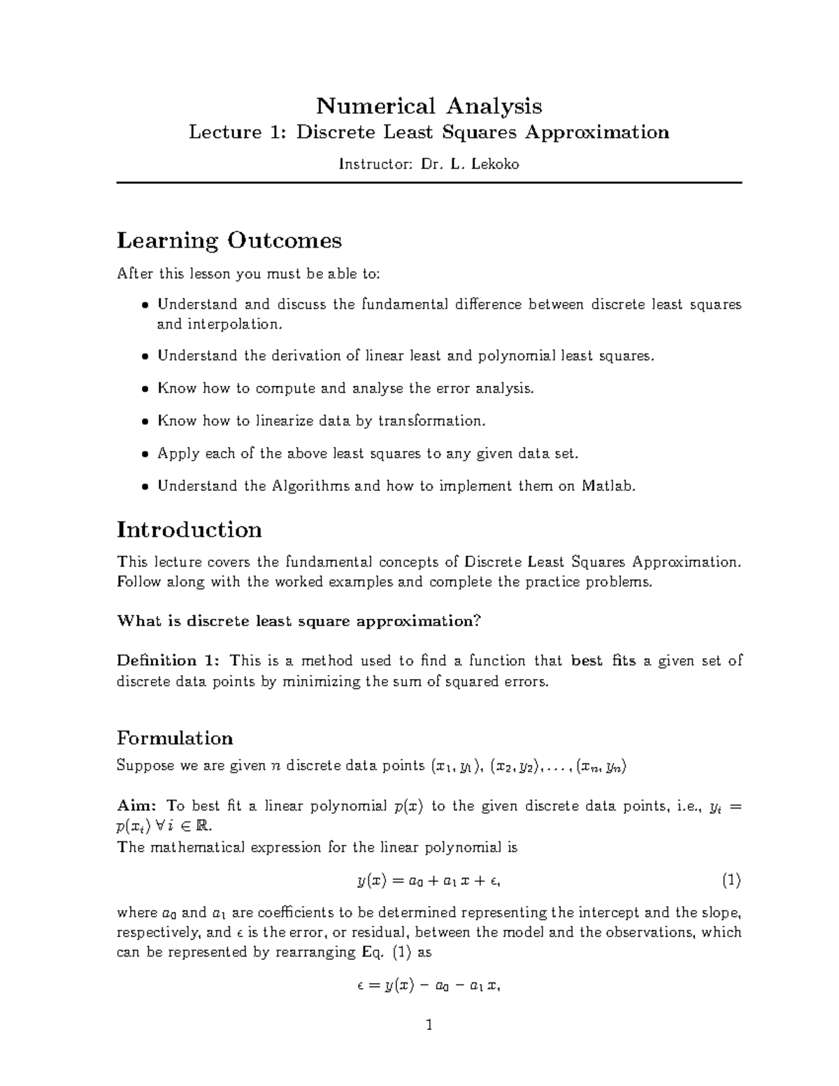 Numerical Analysis (Course Code: NA101) Lecture 1: Discrete Least ...