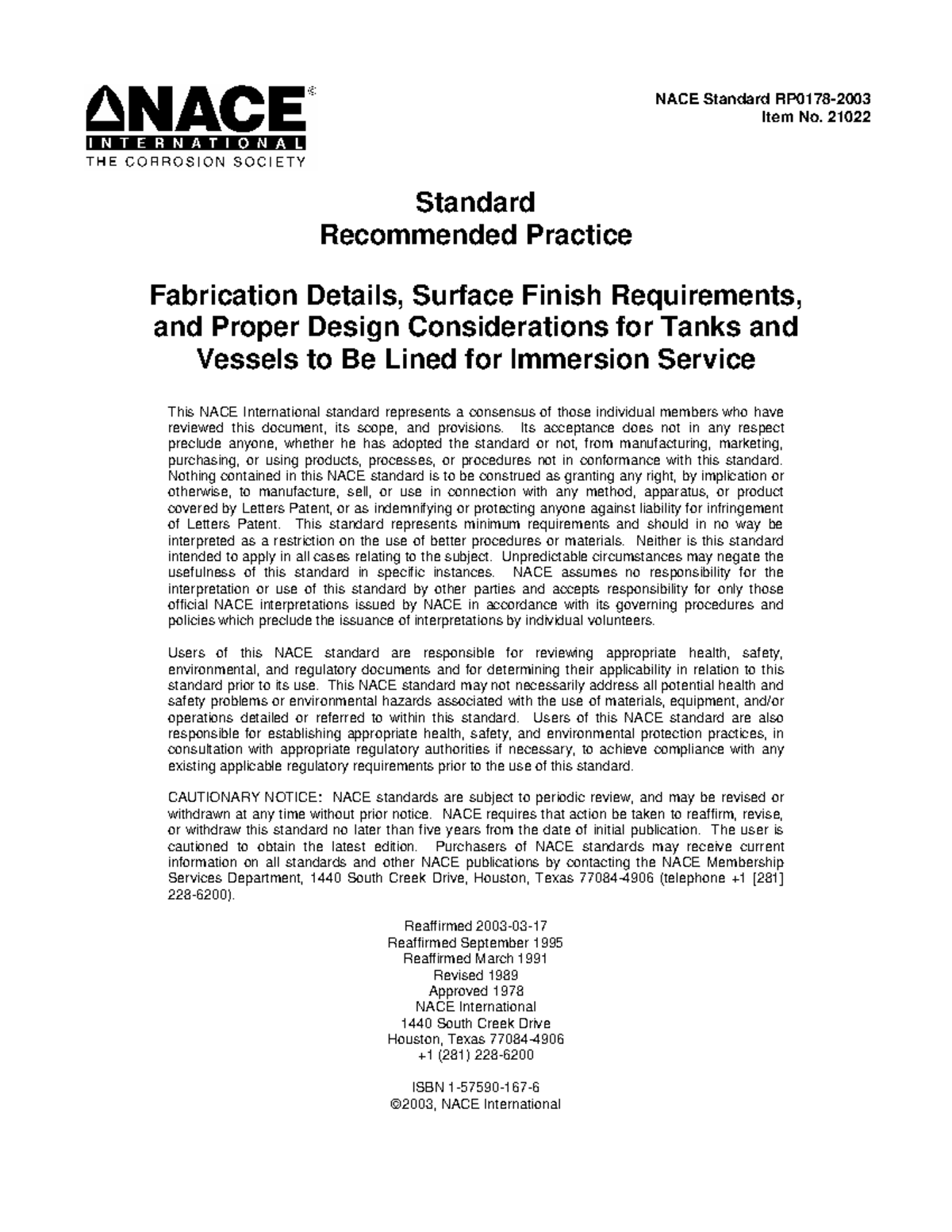 NACE RP0178-2003: Fabrication & Surface Finish for Immersion Tanks ...