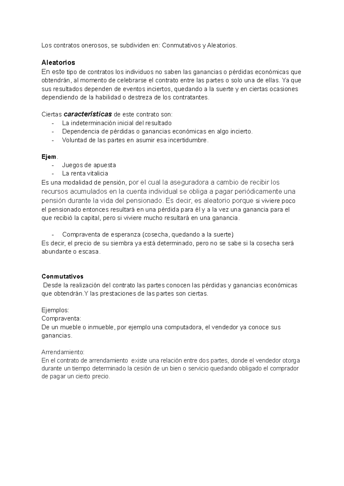 Contratos Oneros: Aleatorios y Conmutativos Explicados - Studocu