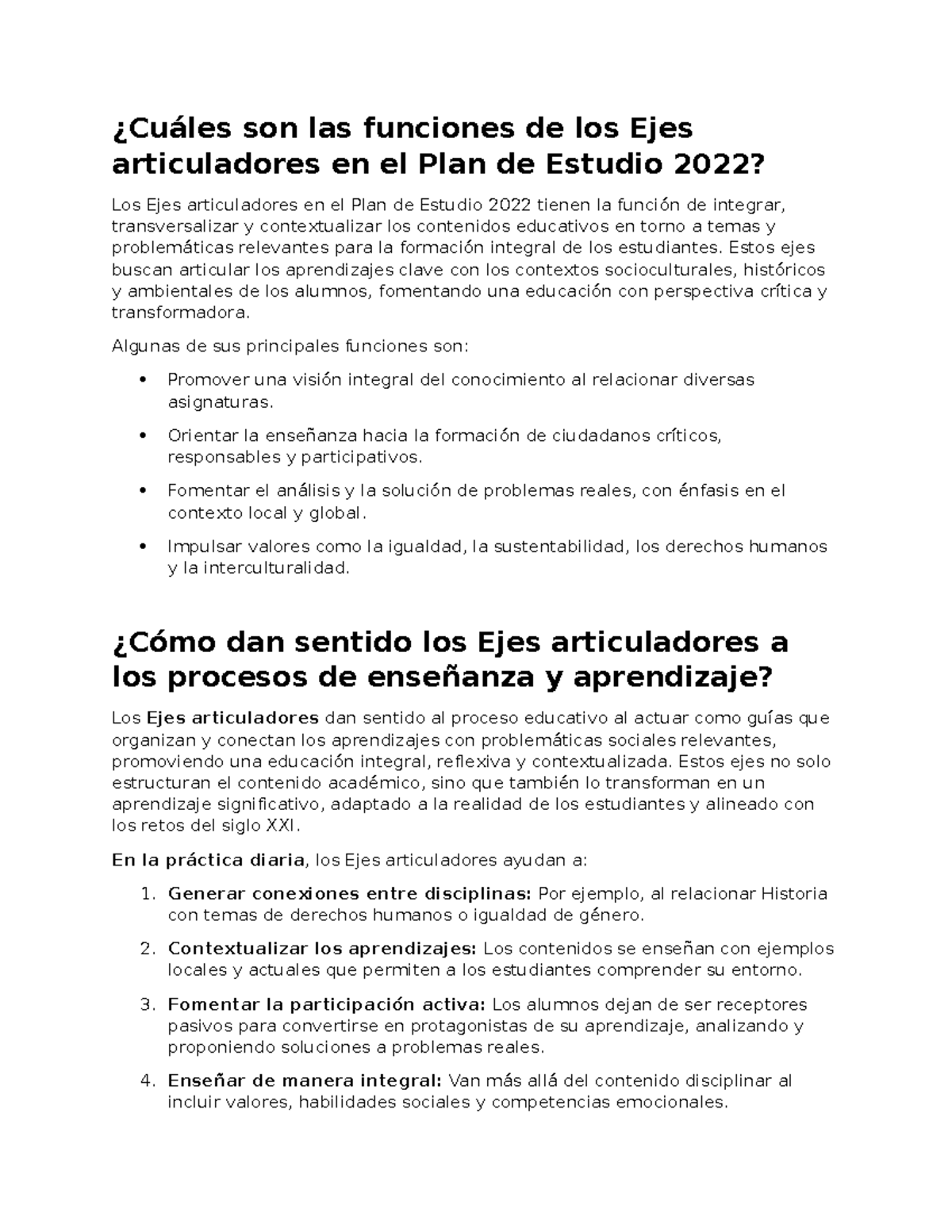 Funciones de los Ejes Articuladores en el Plan de Estudio 2022 - Studocu