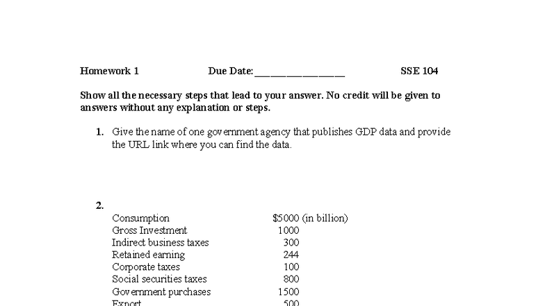 SSE 104 Homework 1: GDP Calculation Steps and Data Sources - Studocu