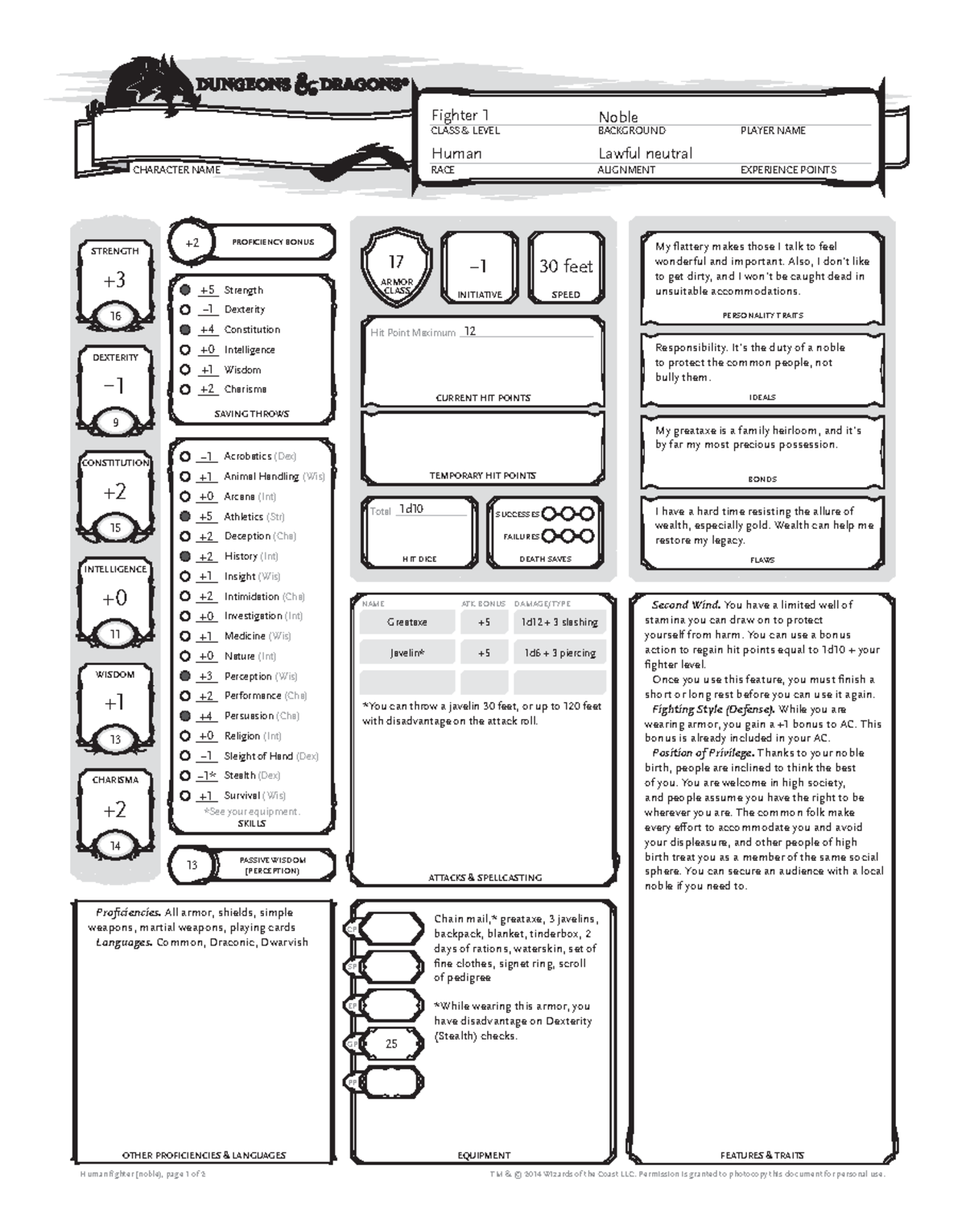 Human Fighter (Noble) Character Sheet - Wizards D&D Starter Set - Studocu